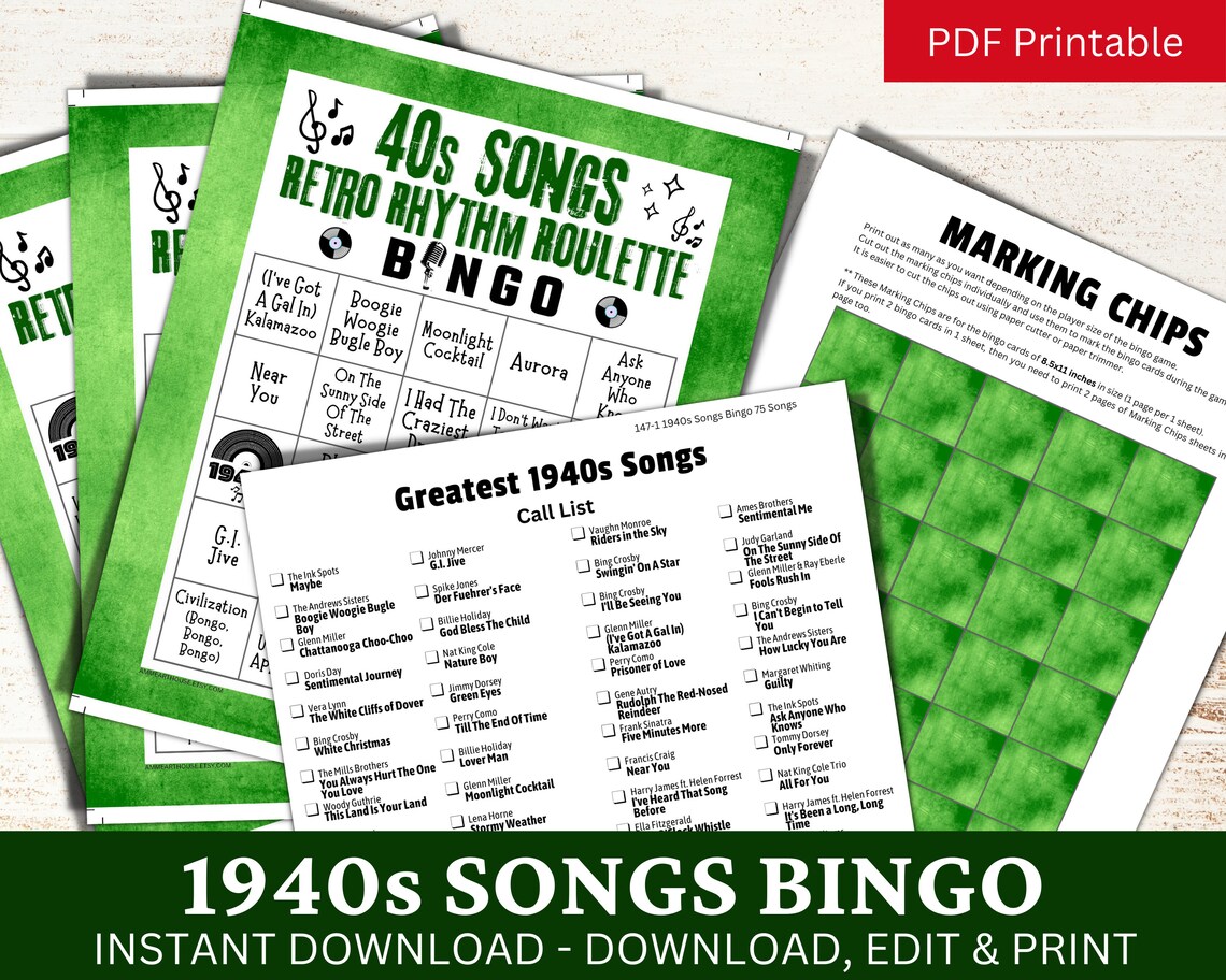 1940s Songs Bingo 50 Cards, 40s Music Bingo With Playlist for Senior ...