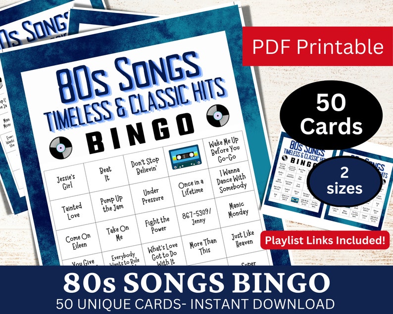 Classic 80s Songs Bingo Game 50 Cards Timeless Music Party - Etsy