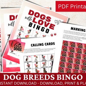 50 Dog Breeds Bingo Game Card, Dogs With Love Watercolor Theme Party ...