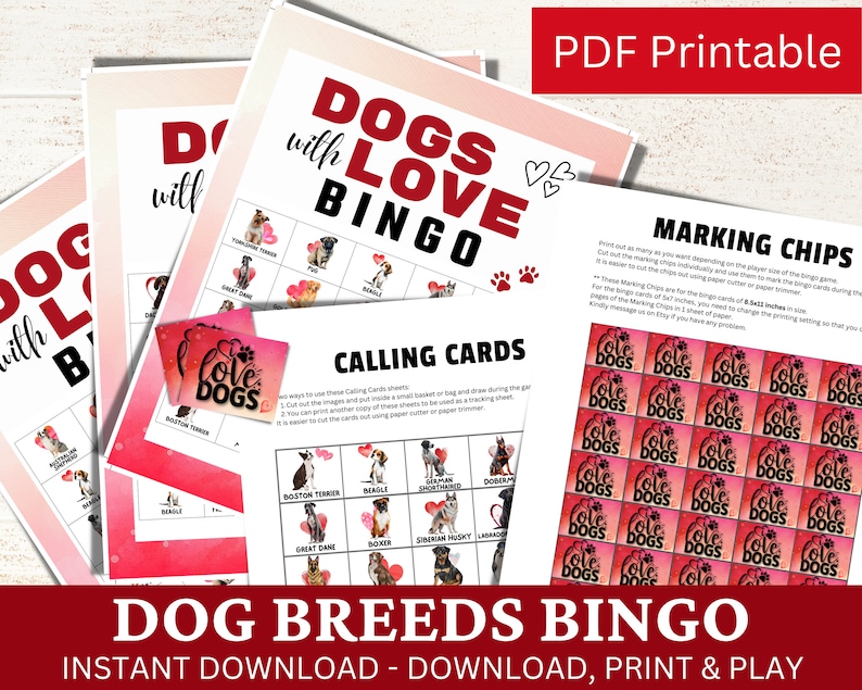 50 Dog Breeds Bingo Game Card, Dogs With Love Watercolor Theme Party ...