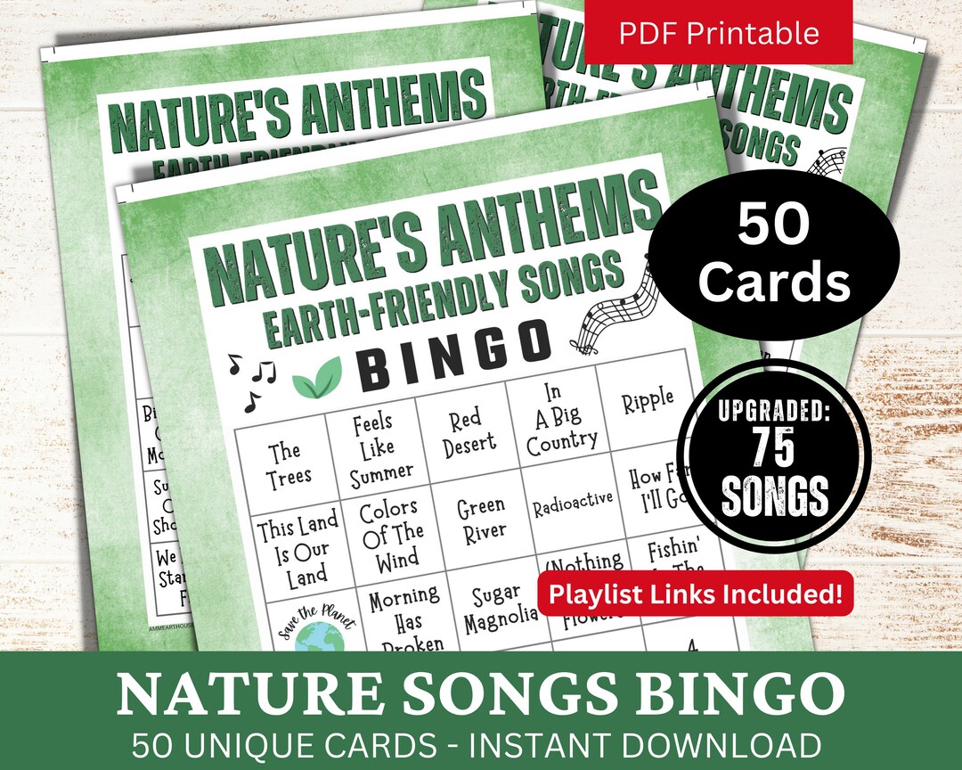 Nature Songs Bingo Game 50 Card, Earth Day Anthems, Music Party Themed ...