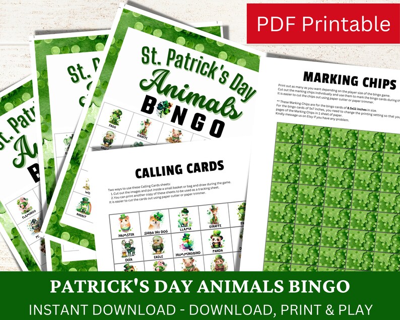 50 Animals Themed Bingo Game Cards, St Patrick's Day Activity, Saint ...
