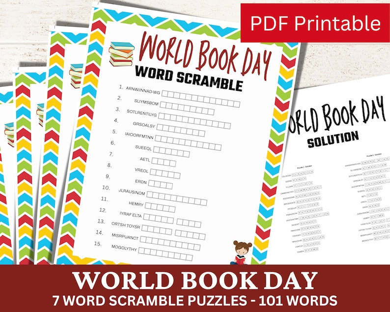 7 World Book Day Themed Word Scramble Puzzle Games, Book Lovers Club ...