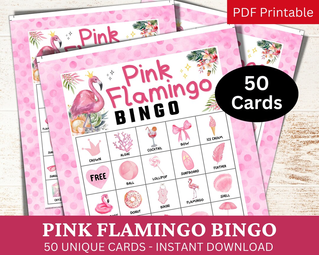 50 Pink Flamingo Watercolor Bingo Game, Tropical Summer Theme Birthday ...