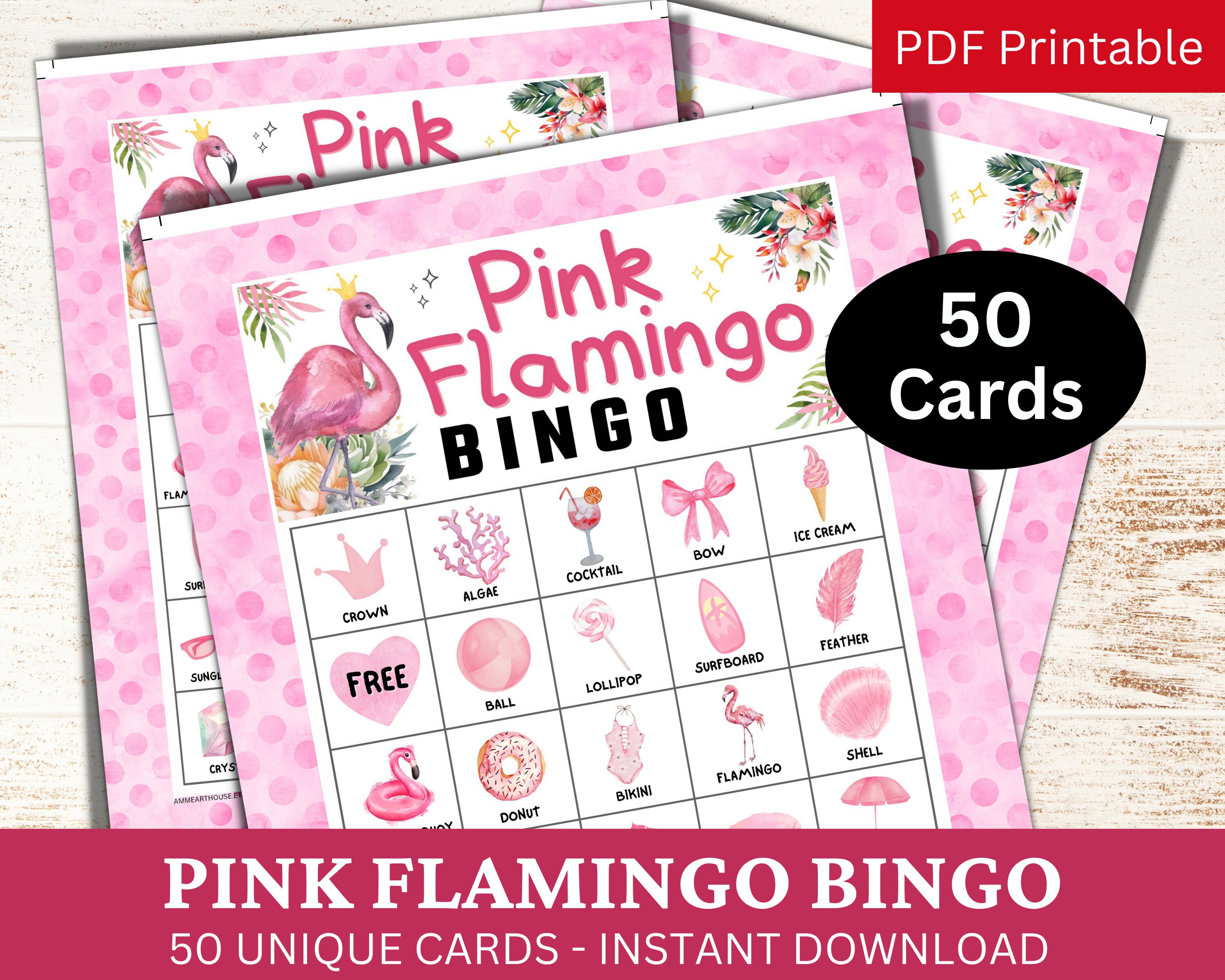 50 Pink Flamingo Watercolor Bingo Game, Tropical Summer Theme Birthday ...