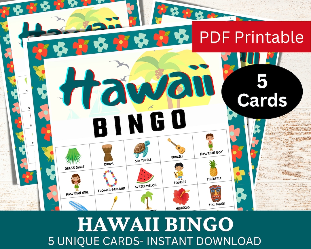 5 Hawaii Bingo Game Card, Fun Travel Theme Birthday Activity, Summer ...