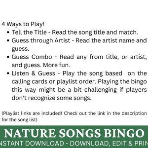 Nature Songs Bingo Game 100 Card, Earth Day Anthems, Music Party Themed ...