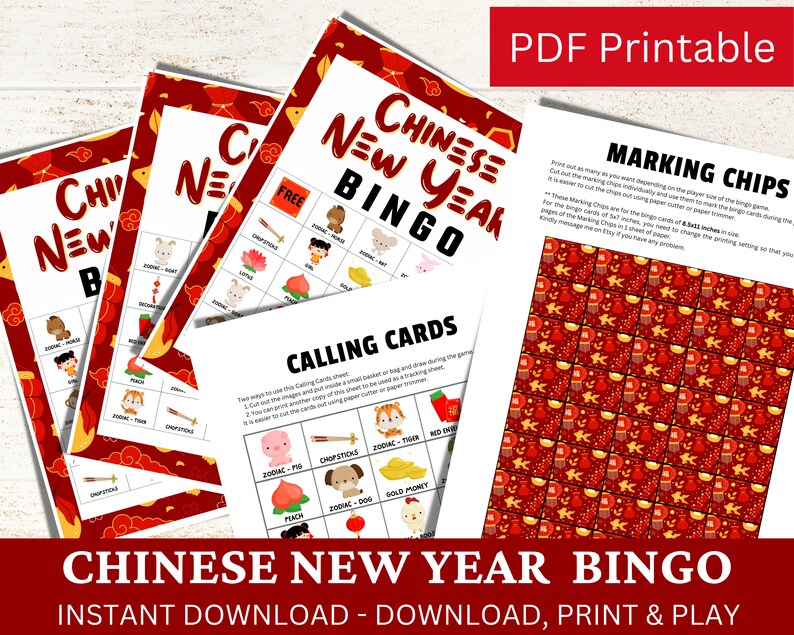50 Chinese New Year Bingo Game Card, Lunar New Year Theme Party ...
