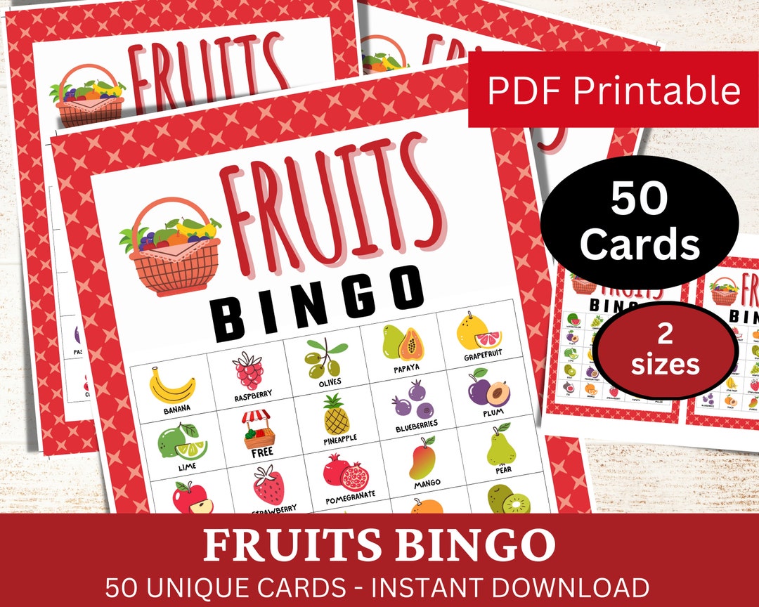 50 Fruits Bingo Game Card, Food Theme Party Activity, PDF Game ...
