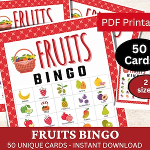 50 Fruits Bingo Game Card, Food Theme Party Activity, PDF Game ...