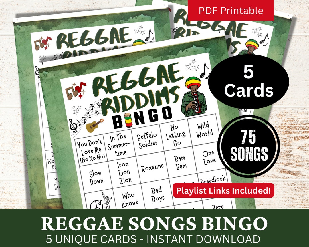 Reggae Songs Bingo 5 Cards, Groove Party Music Bingo With Playlist ...