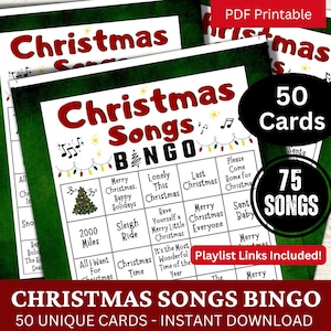Christmas Songs Bingo 50 Cards, Best Xmas Songs Bingo With Playlist ...