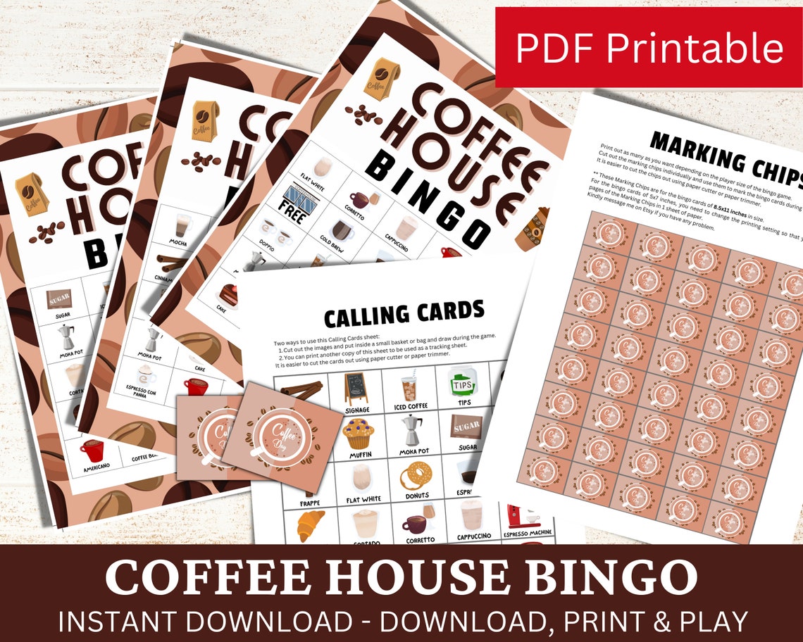 50 Coffee House Bingo Game Card, Fun Coffee Shop Theme Birthday Party ...