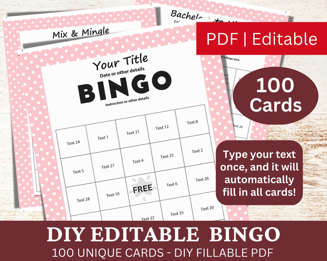 100 Editable Bingo Pastel Red Template PDF, DIY Fillable Bingo Game ...