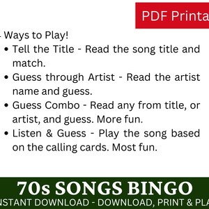 5 Oldie 70s Songs Bingo Game Cards, Timeless Music Party Activity ...