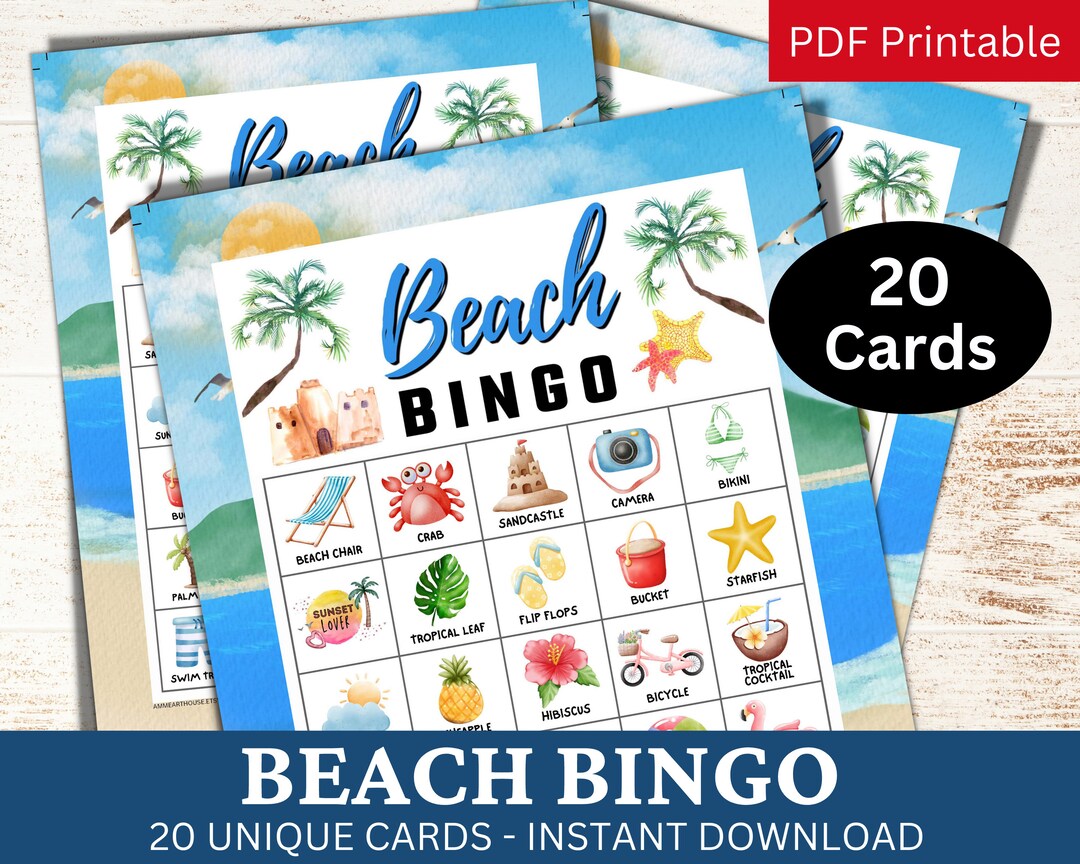 20 Beach Bingo Game Card, Watercolor Summer Themed Activity, Travel ...