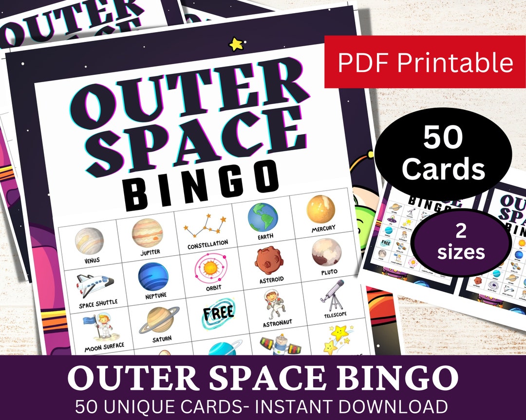 50 Outer Space Bingo Game Card, Fun Solar System Theme Party Activity ...