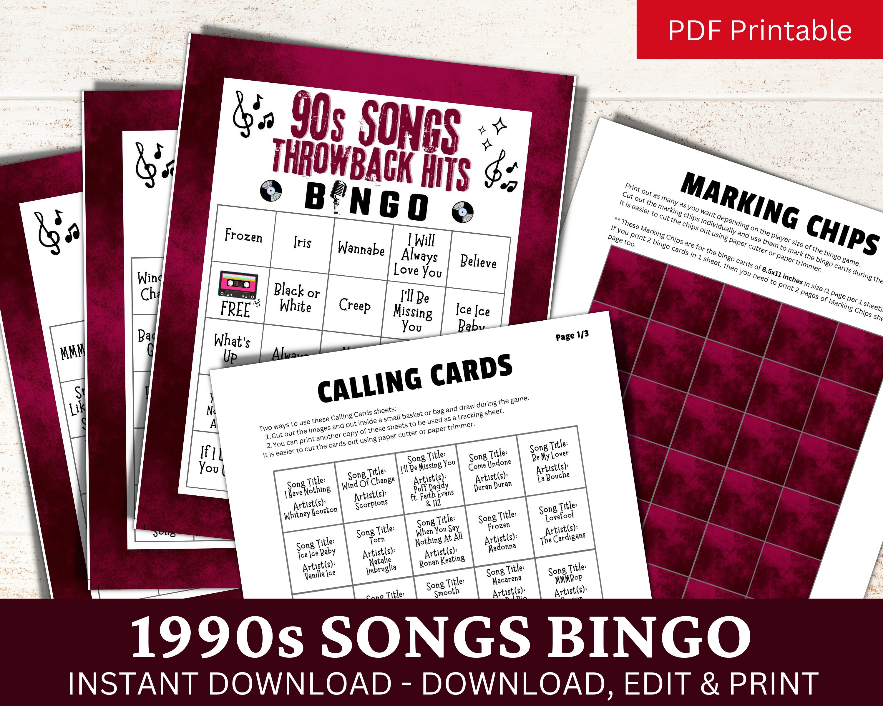 90s Throwback Songs Bingo Game 100 Card Timeless Music Party - Etsy