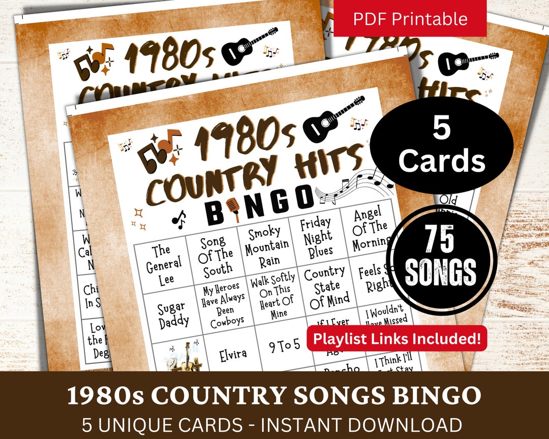 1980s Country Songs Bingo 5 Cards, Classic Music Bingo With Playlist ...