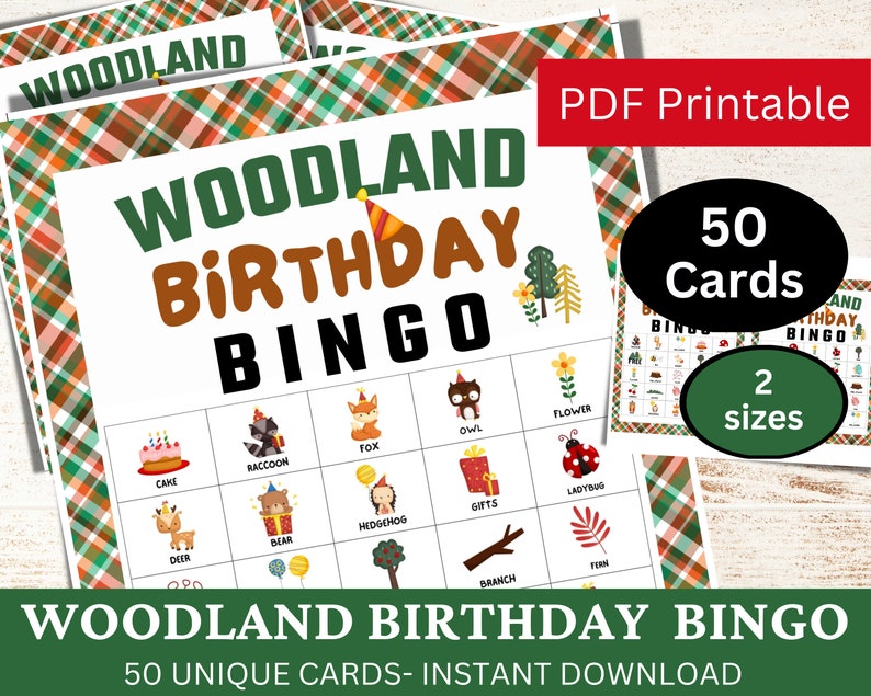 50 Woodland Birthday Bingo Game Card Forest Theme Party - Etsy
