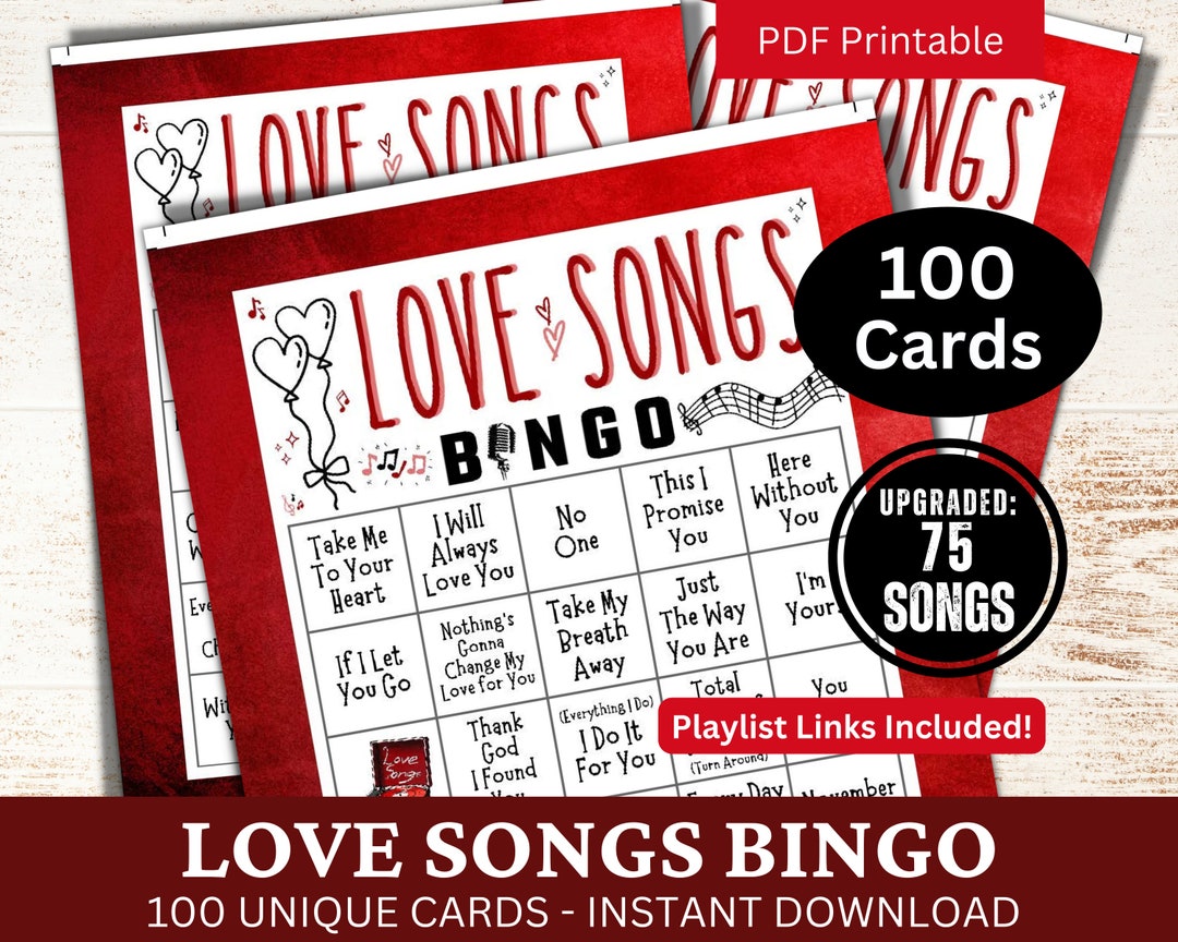 Love Songs Bingo Game 100 Cards, Romance Pop Music Party Activity ...
