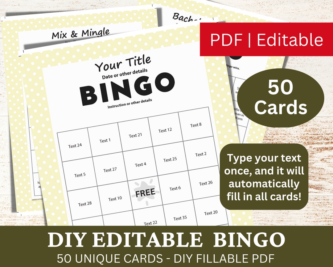 50 Editable Bingo Pastel Yellow Template PDF, DIY Fillable Bingo Game ...