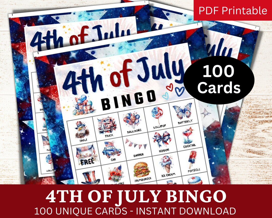 100 4th of July Watercolor Bingo Game, Fourth Family Party, Summer ...
