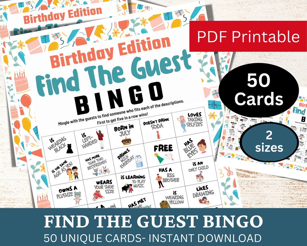 50 Birthday Find the Guest Bingo Game Cards for Kids Adults, Classroom ...