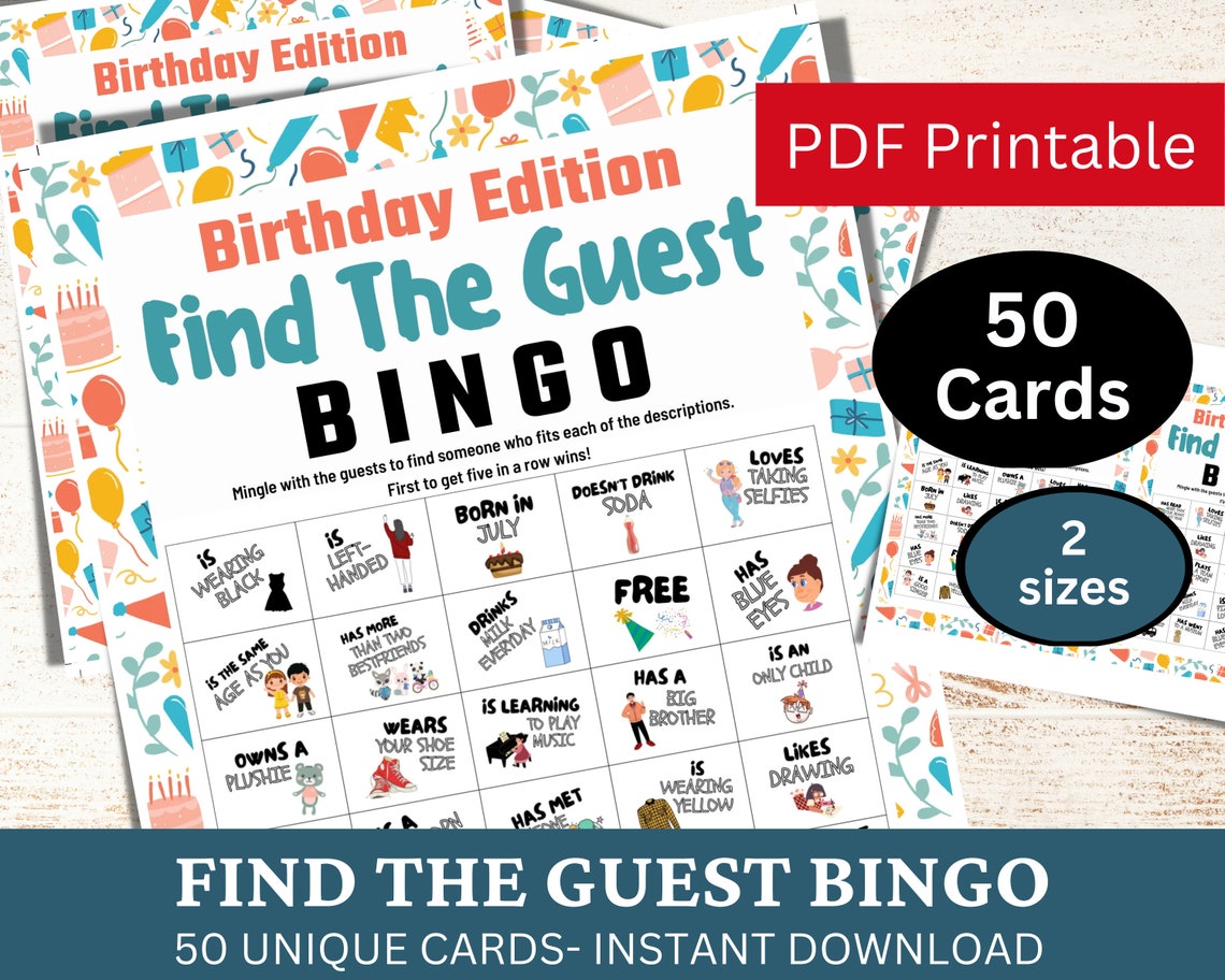 50 Birthday Find the Guest Bingo Game Cards for Kids Adults, Classroom ...