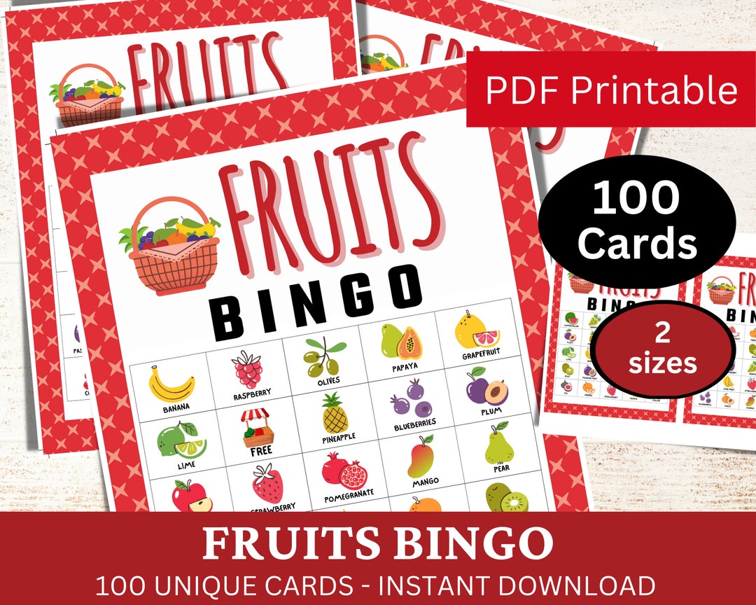 100 Fruits Bingo Game Card, Food Theme Party Activity, PDF Game ...