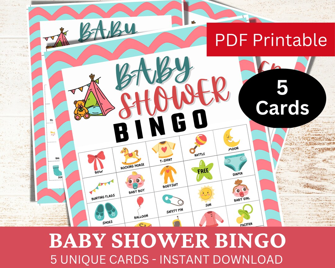 5 Baby Shower Bingo Game Cards, Pink Blue Theme Bingo Activity, Girl ...
