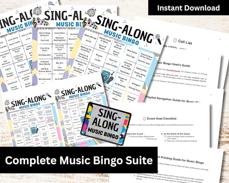 Sing-along Music Bingo, 200 Cards, 100 Songs Playlists Included ...