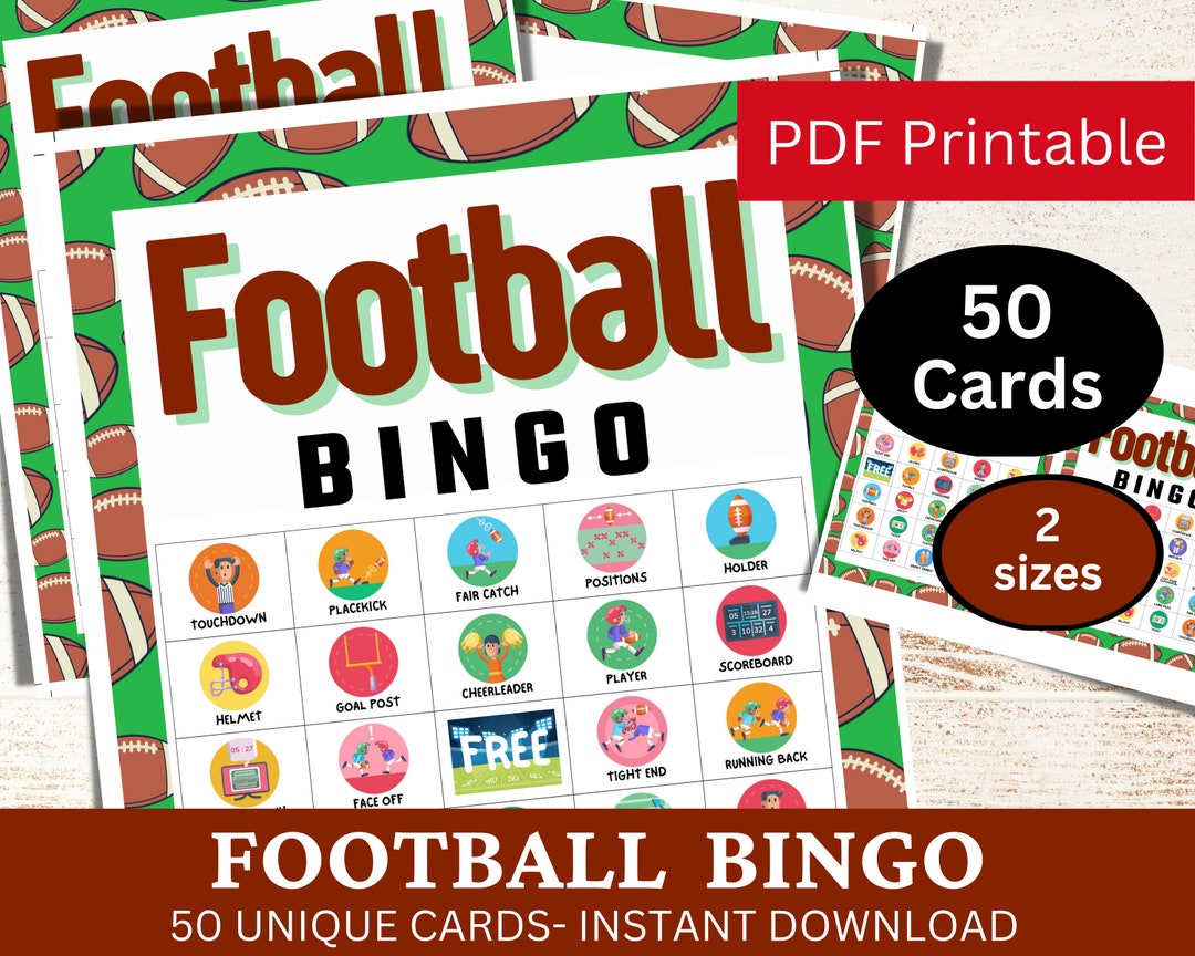 50 Football Bingo Game Card, 2023 Watch Party Activity, Sunday Big Game ...