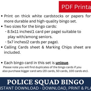 20 Police Squad Bingo Game Card, Police Party Theme Activity, Fun ...