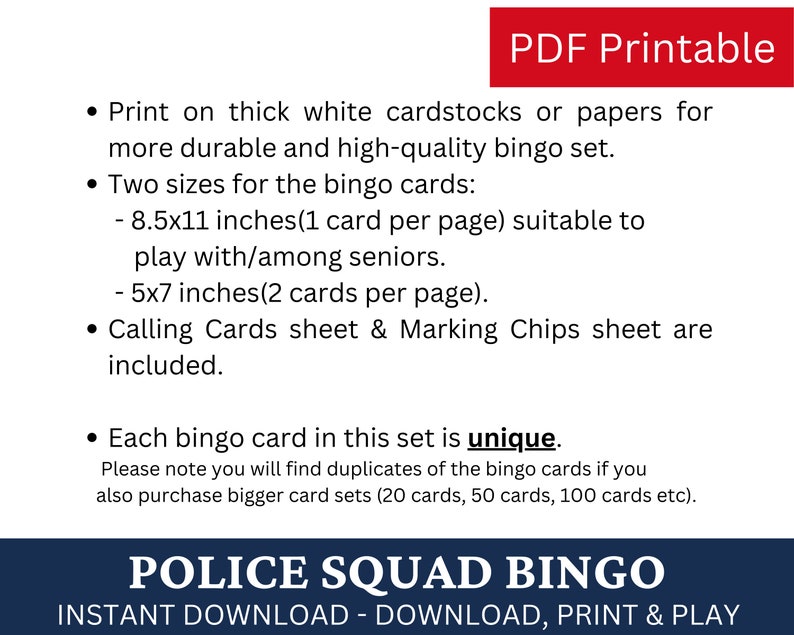 20 Police Squad Bingo Game Card, Police Party Theme Activity, Fun ...