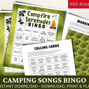 Camping Songs Bingo 50 Card, Summer Journey Music With Playlist Game ...