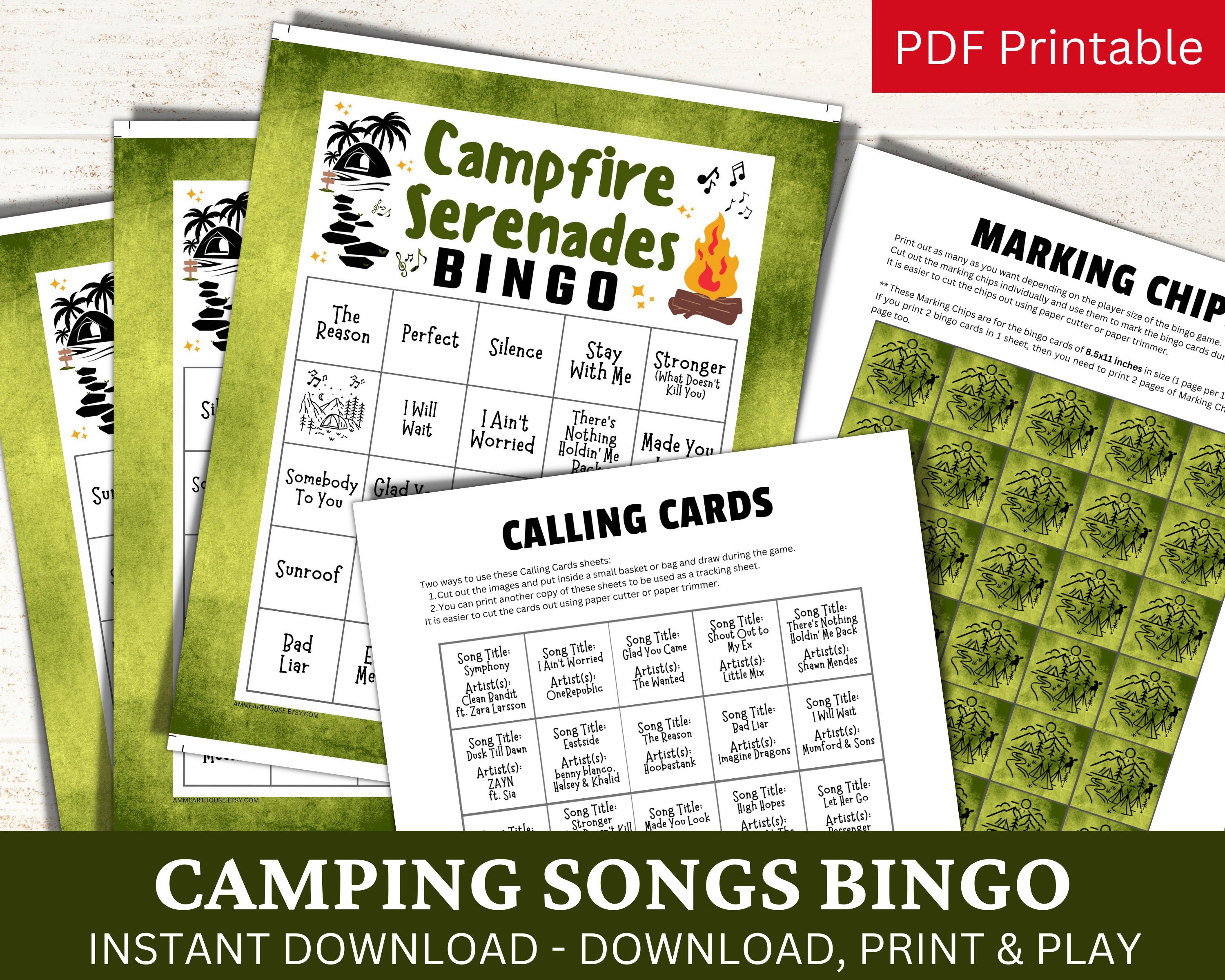 Camping Songs Bingo 5 Card Summer Journey Music With Playlist - Etsy