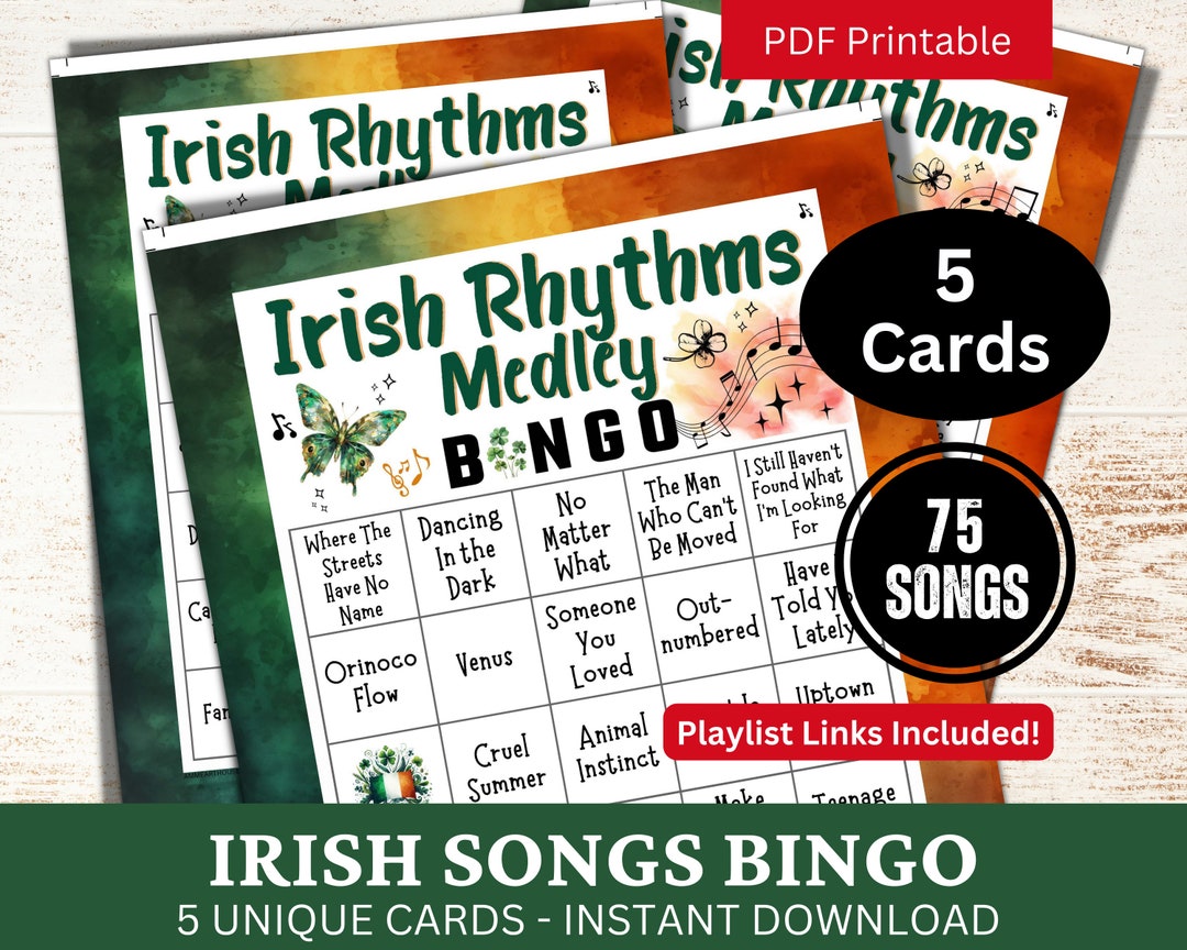 Irish Songs Bingo 5 Cards, St Patricks Day Activity, Saint Pattys Game ...