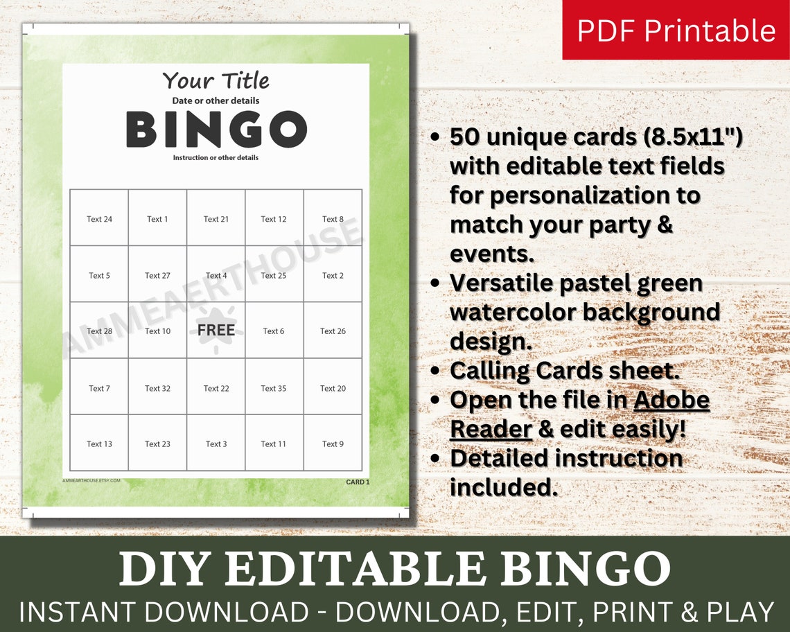 50 Editable Bingo Watercolor Green Template PDF, DIY Fillable Game ...