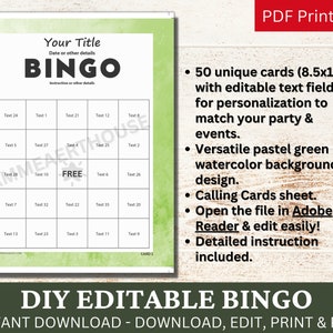 50 Editable Bingo Watercolor Green Template PDF, DIY Fillable Game ...