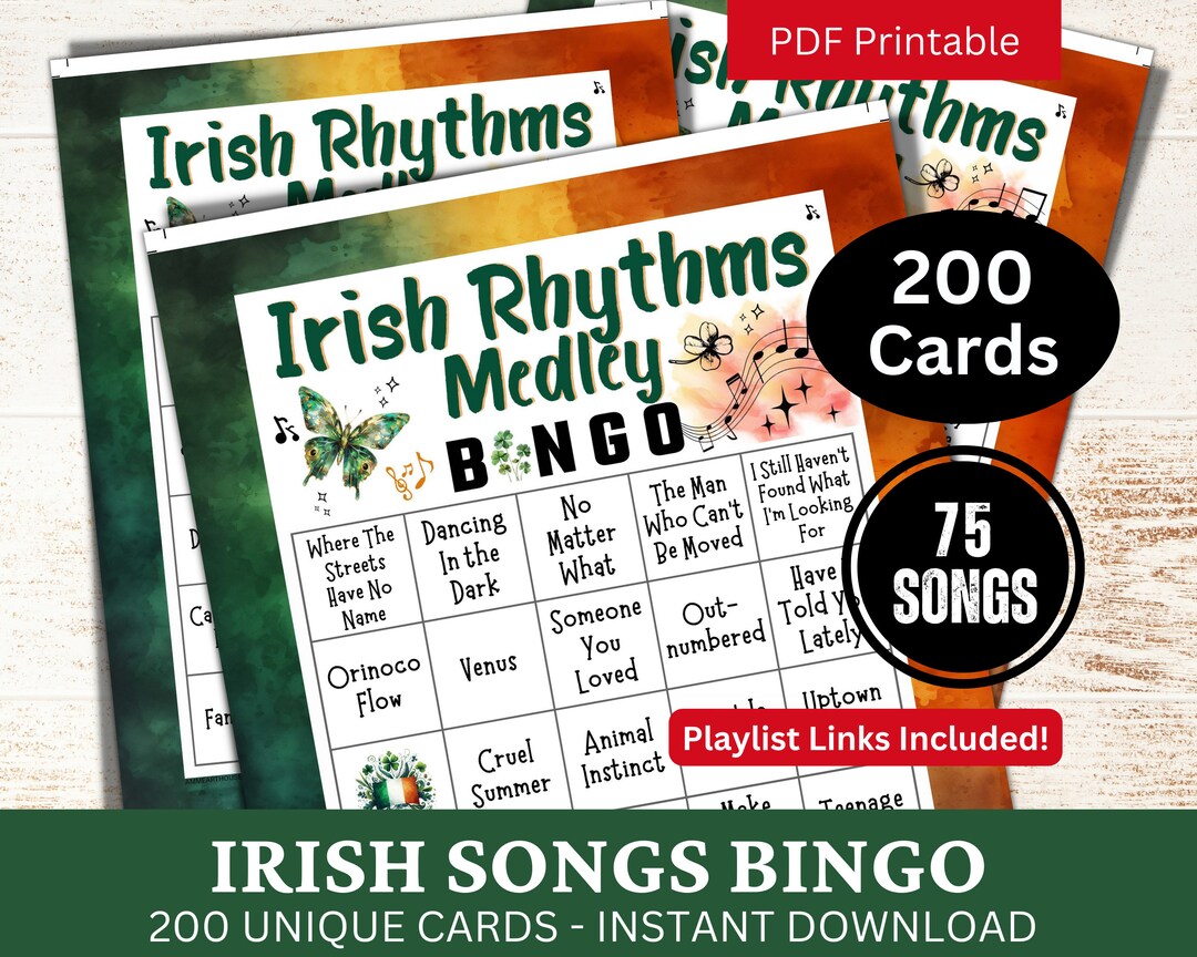 Irish Songs Bingo 200 Card, Lucky Theme Ireland Bingo, Drinking Party ...