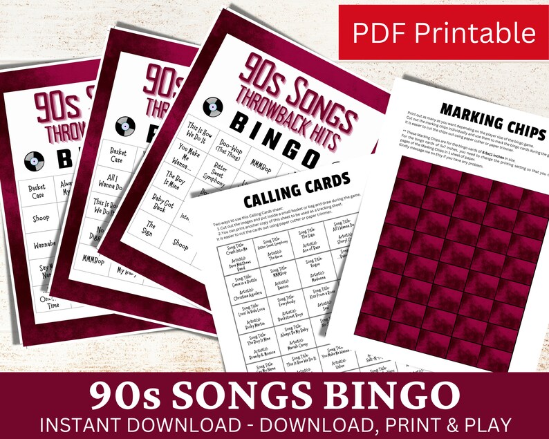 5 Throwback 90s Songs Bingo Game Cards Timeless Music Party - Etsy