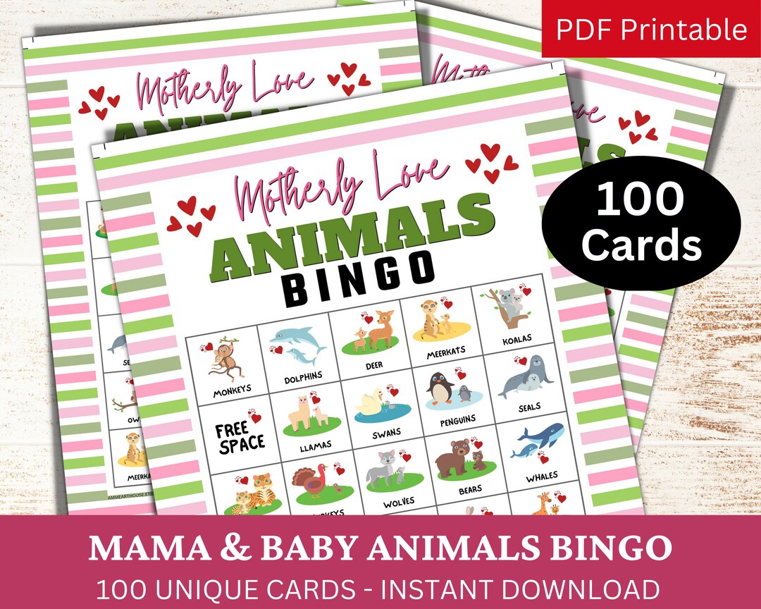 100 Mama & Baby Animals Bingo Game Card, Mother's Day Themed Activity ...