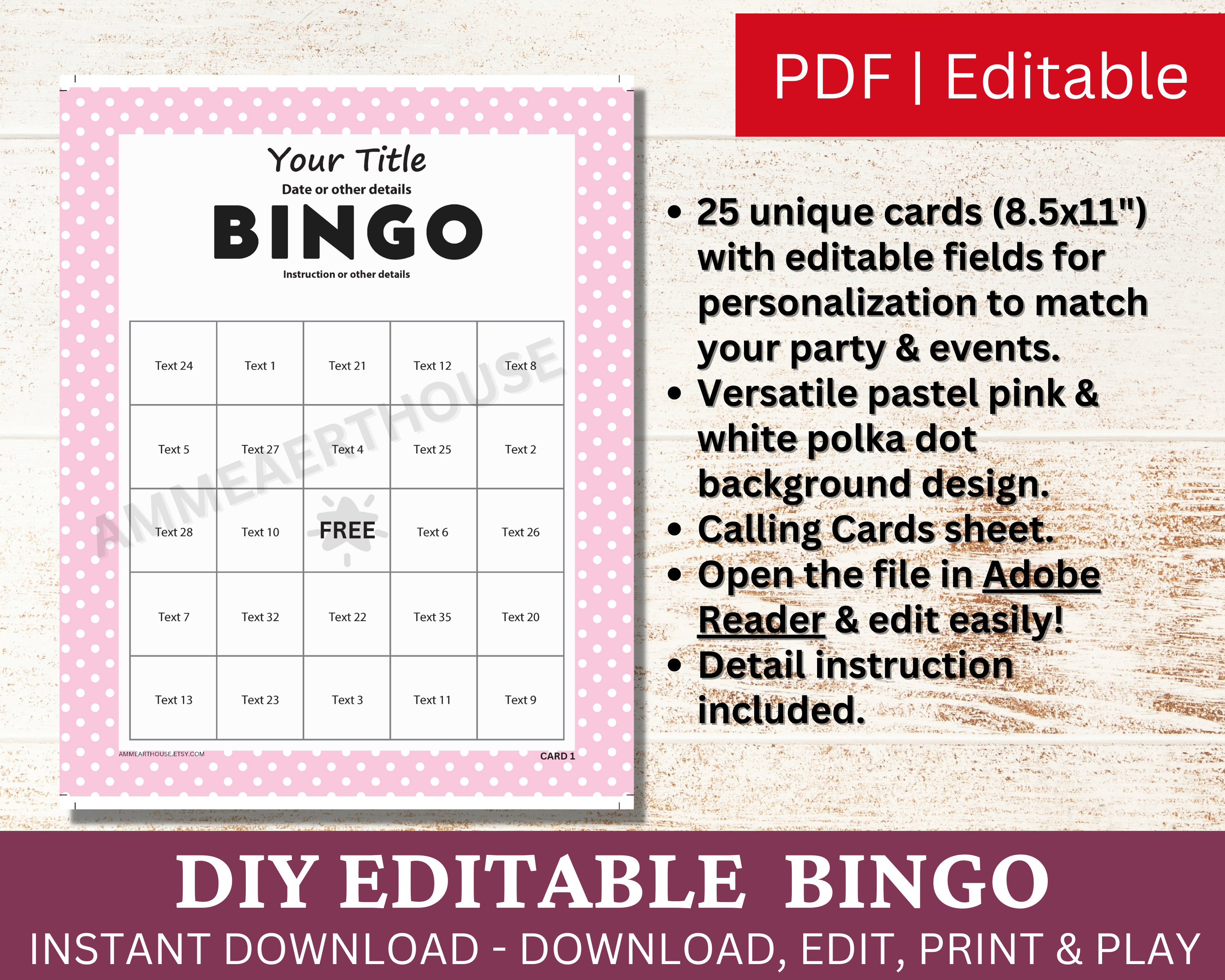 25 Editable Bingo Pastel Pink Template PDF DIY Fillable Bingo - Etsy
