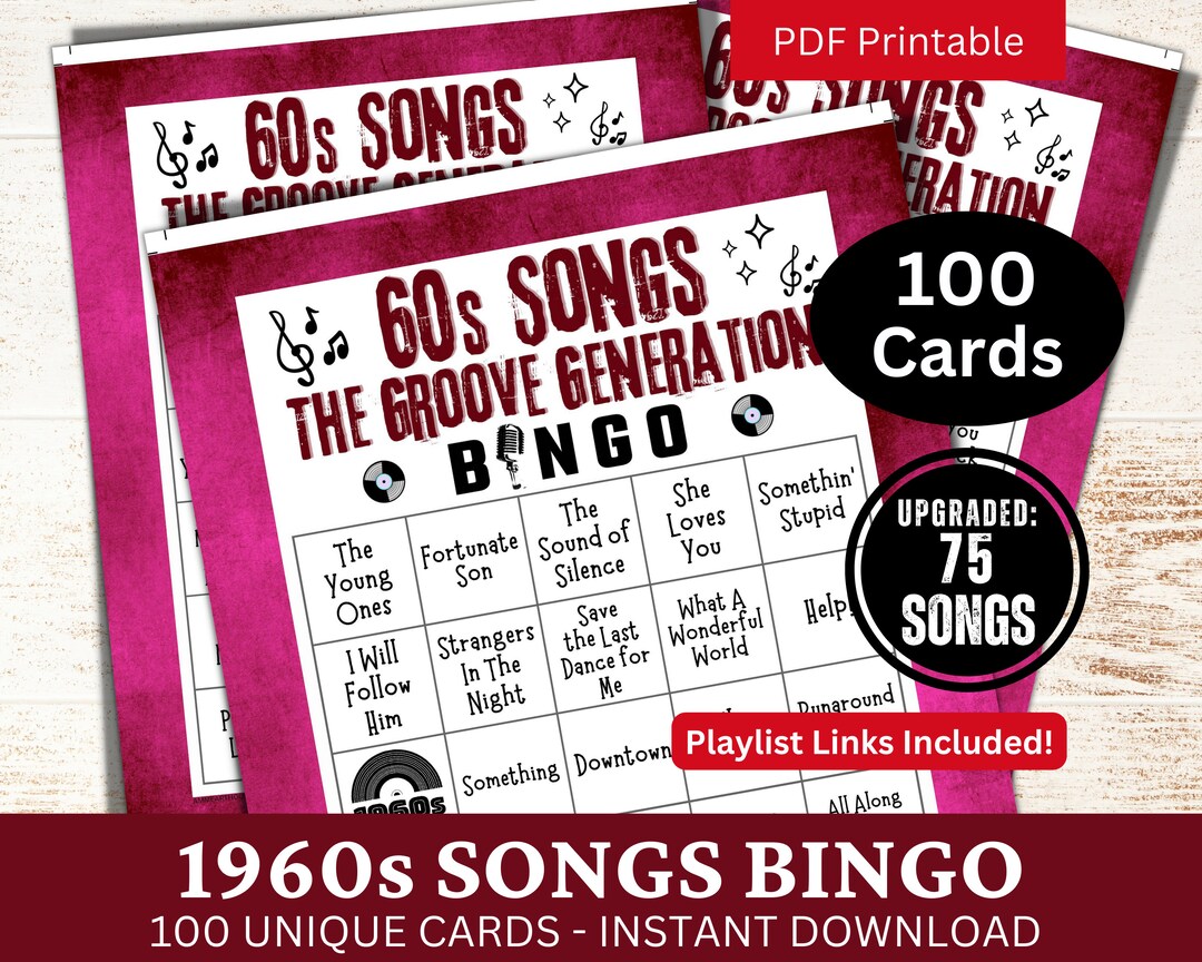 60s Songs Bingo Game 100 Card, 1960s Music Bingo With Playlist, Family ...