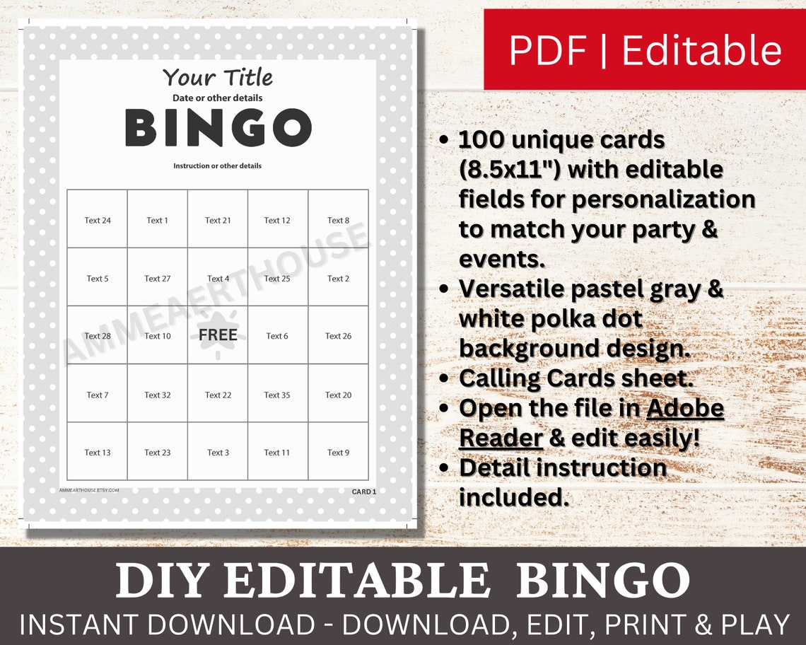 100 Editable Bingo Pastel Gray Template PDF DIY Fillable - Etsy