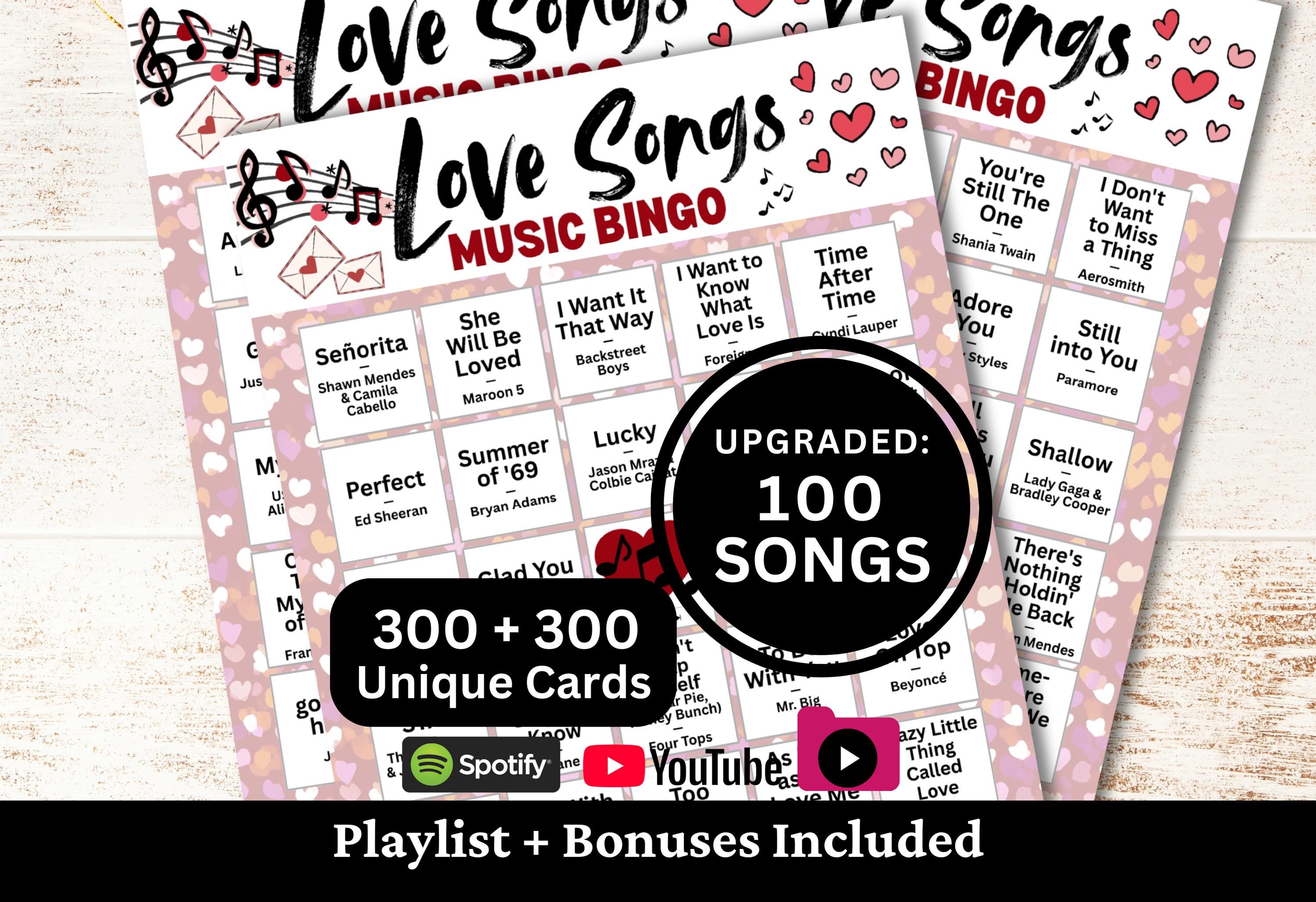 Love Songs Music Bingo, 300 Cards, 100 Songs Playlists Included ...