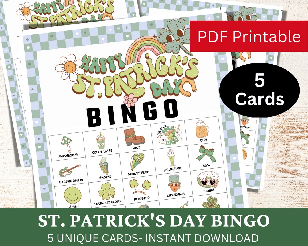 5 Retro Themed Bingo Game Cards, St Patrick's Day Activity, Saint Patty ...