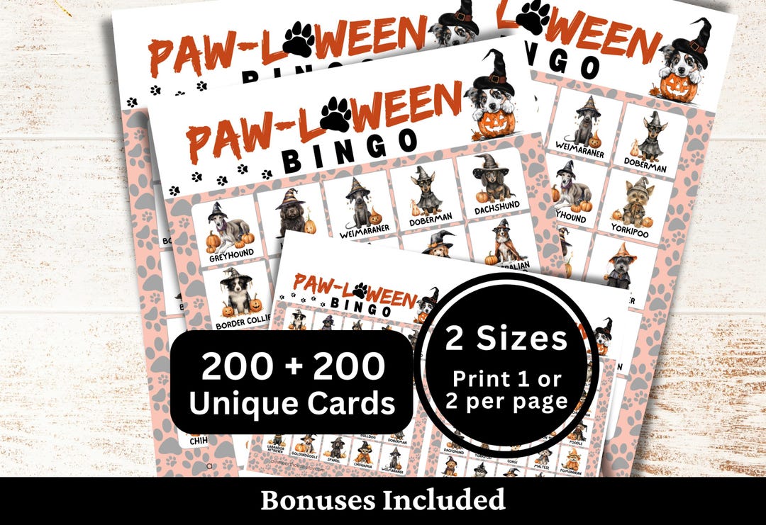 Halloween Dogs Bingo 200 Cards, Cute Puppy Breeds Theme Game, Activity ...
