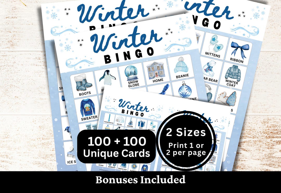 Winter Bingo, 100 Cards, Watercolor Blue Theme, Printable PDF Game ...